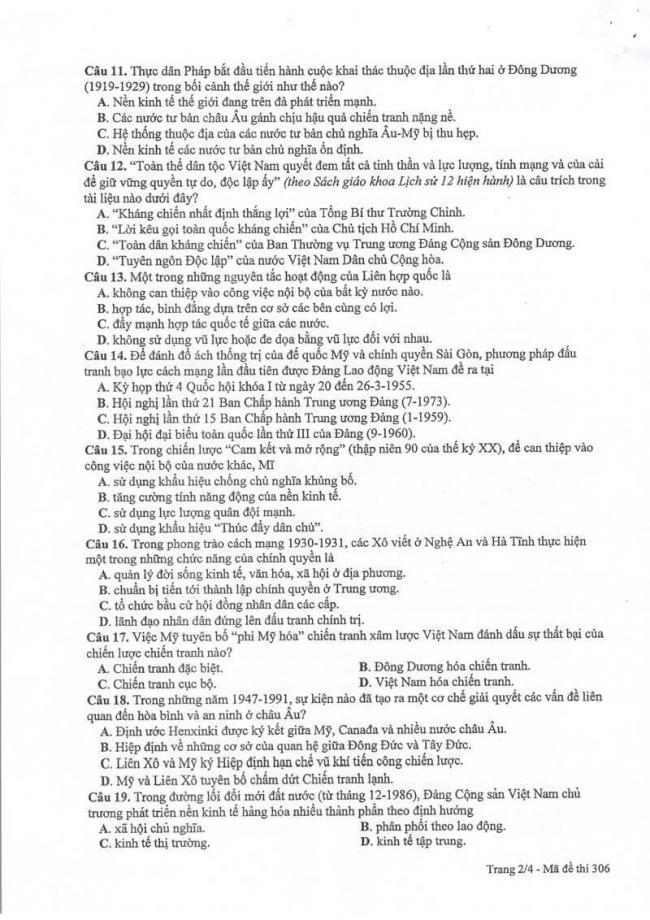 Đáp án đề thi môn Sử THPT Quốc gia năm 2017 mã đề 306