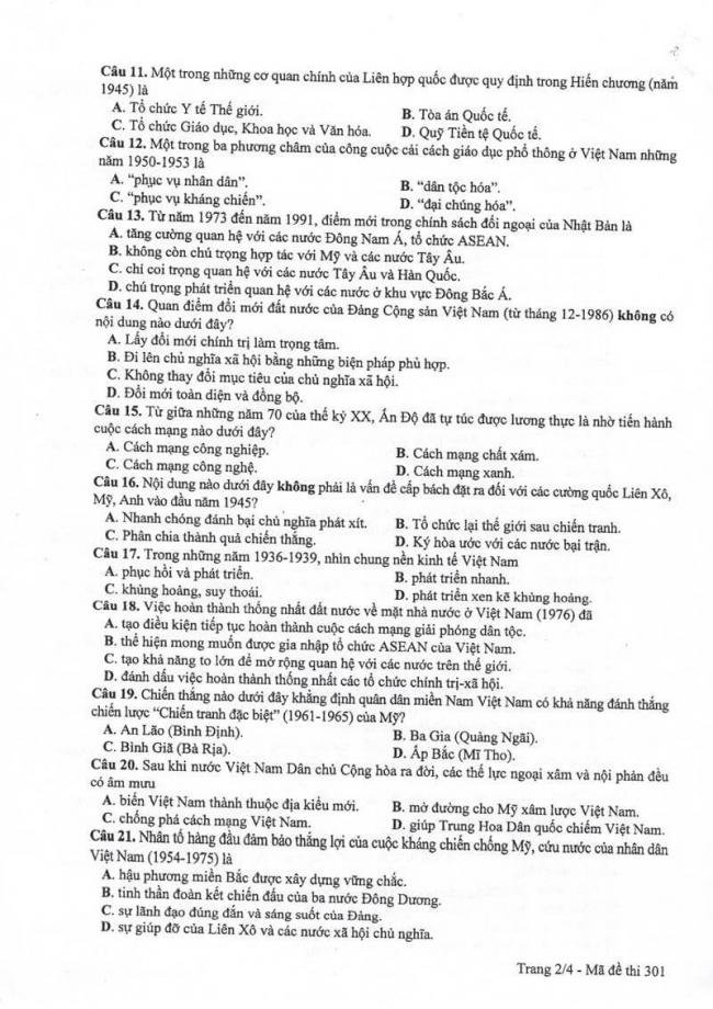 Đáp án mã đề 301 môn Sử kỳ thi THPT quốc gia 2017