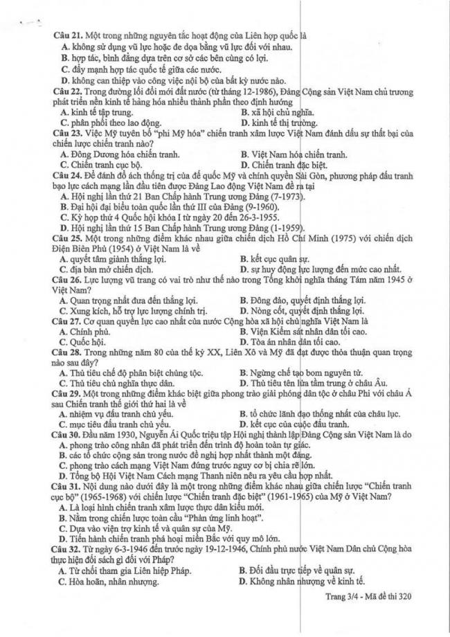 Đáp án đề thi THPT quốc gia năm 2017 môn Sử mã đề 320