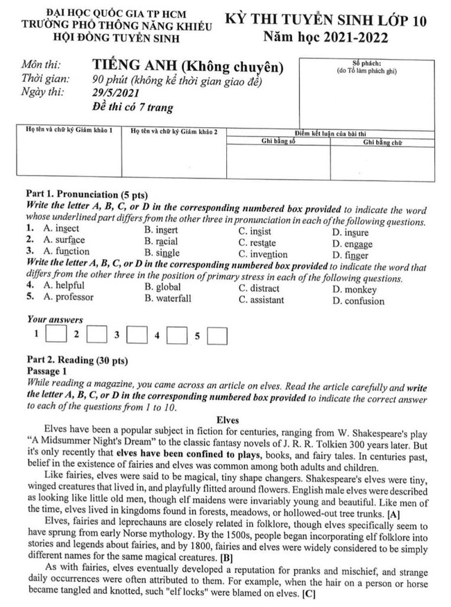 Đề thi Anh không chuyên vào lớp 10 PTNK 2023 và các năm trước